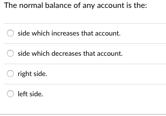 Solved The normal balance of any account is the: O side | Chegg.com