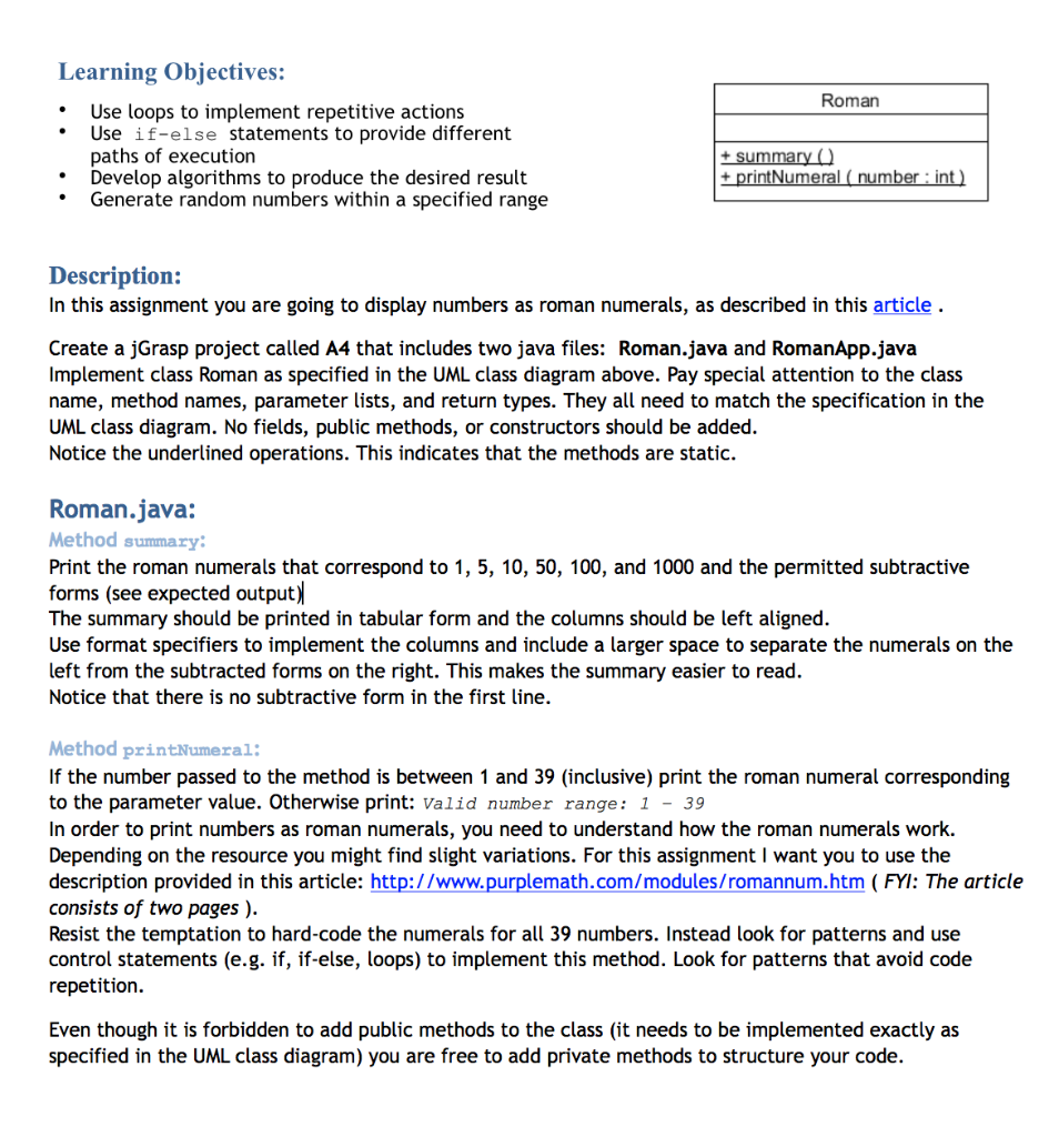 Solved Learning Objectives: Roman • Use loops to implement | Chegg.com