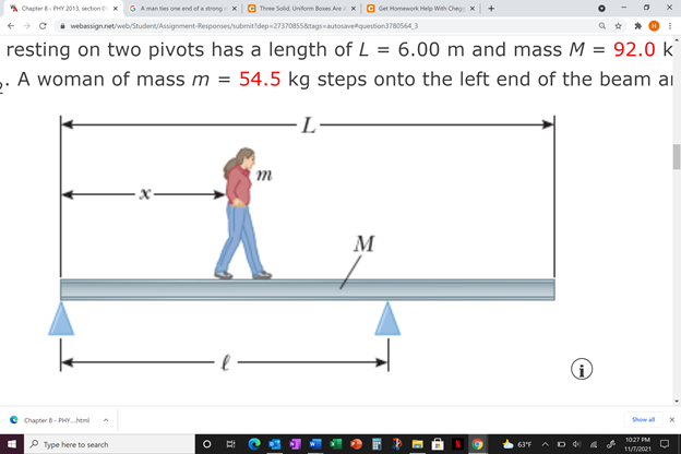 Solved A beam resting on two pivots has a length of L = 6.00 | Chegg.com