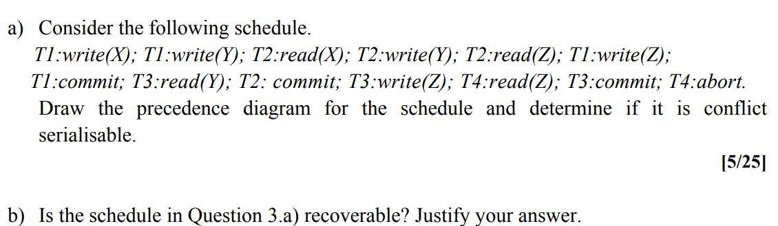 Solved a) Consider the following schedule. T1:write (X); | Chegg.com
