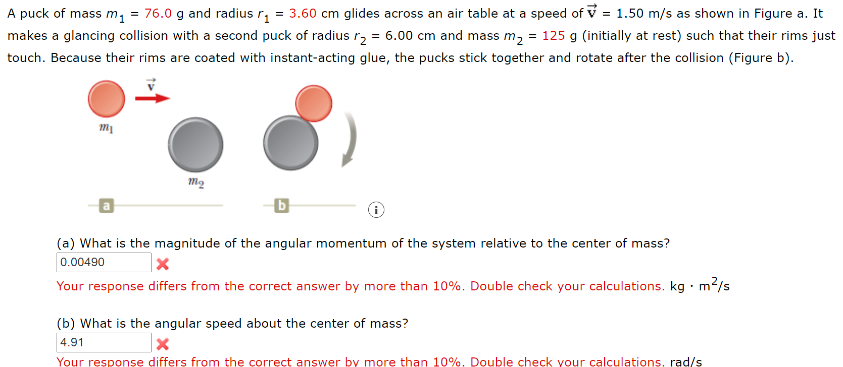 Solved A puck of mass m1 = 76.0 g and radius r1 = 3.60 cm | Chegg.com