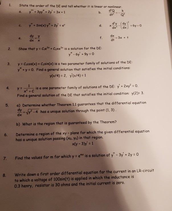 Solved 1. State the order of the DE and tell whether it is | Chegg.com