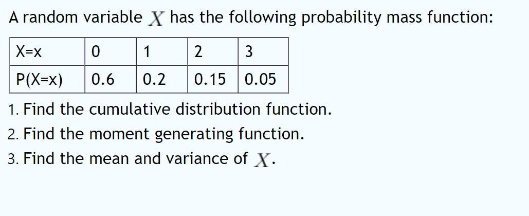 Solved A random variable X has the following probability | Chegg.com