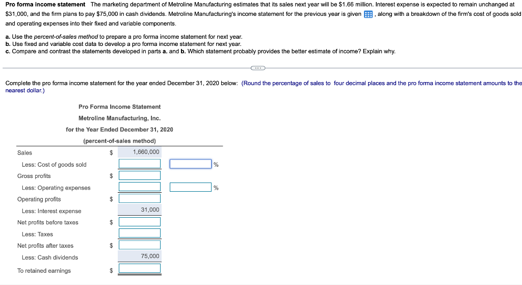 Solved Pro forma income statement The marketing department | Chegg.com