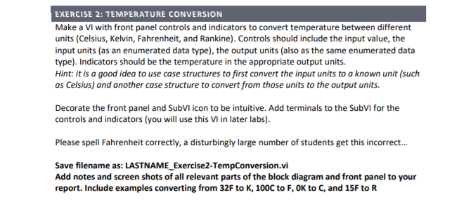 Solved EXERCISE 2: TEMPERATURE CONVERSION Make a VI with | Chegg.com