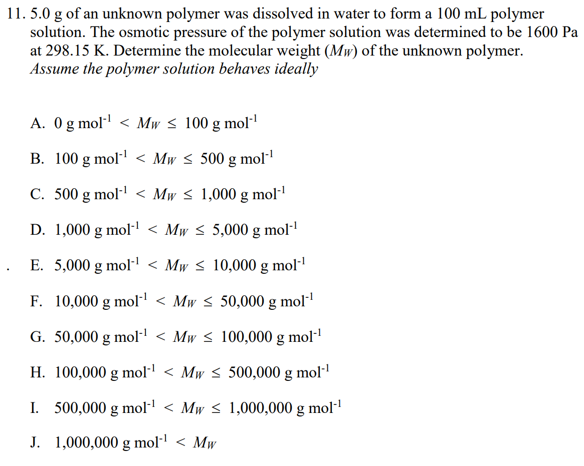 Solved 11. 5.0 g of an unknown polymer was dissolved in | Chegg.com