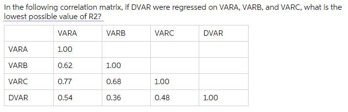 Solved In the following correlation matrix, if DVAR were | Chegg.com