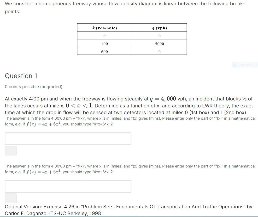 Solved We consider a homogeneous freeway whose flow-density | Chegg.com