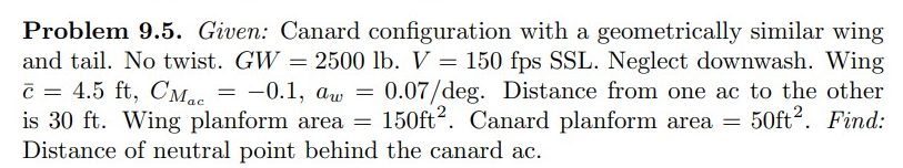 Solved = = Problem 9.5. Given: Canard configuration with a | Chegg.com