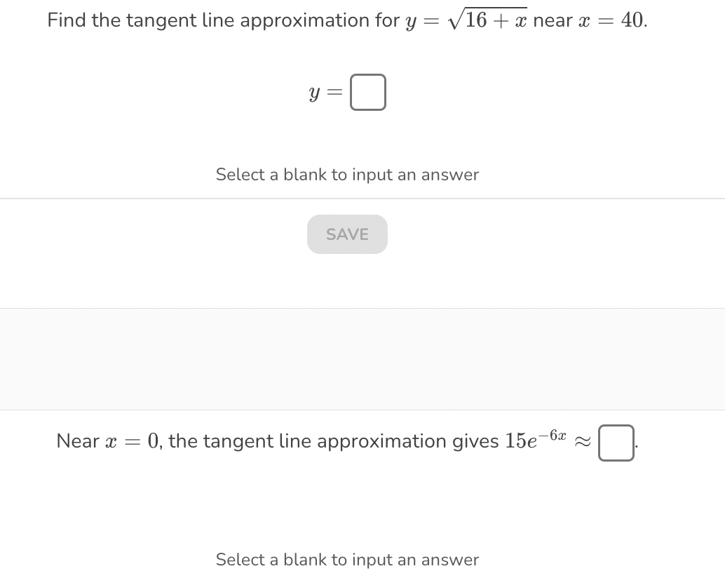Solved Find the tangent line approximation for y=16+x near | Chegg.com