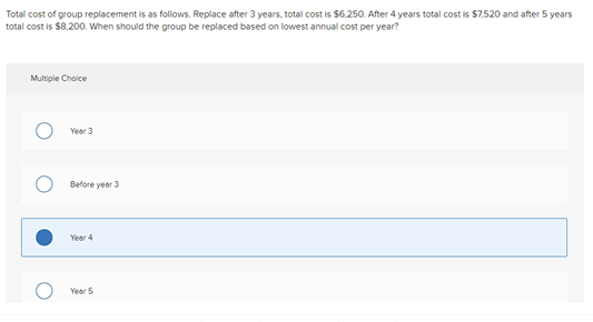 [Solved]: Total cost of group replacement is as follows. R