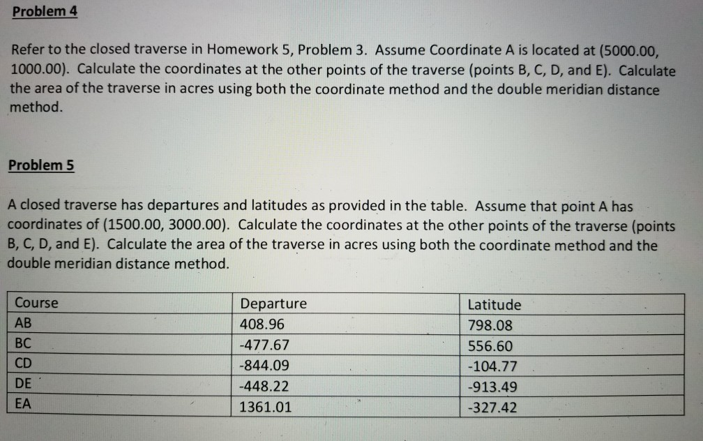 Solved Problem 4 Refer to the closed traverse in Homework 5, | Chegg.com
