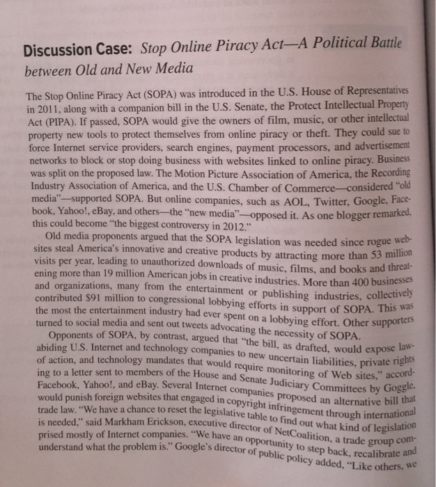 Solved Discussion Case: Stop Online Piracy Act- A Political | Chegg.com