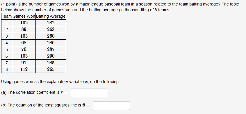 Solved (1 point) Is the number of games won by a major | Chegg.com