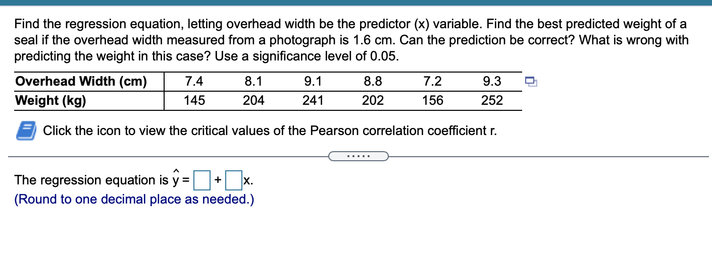 Solved Find the regression equation, letting overhead width | Chegg.com