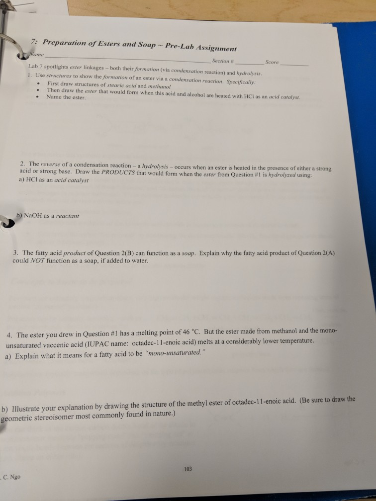 Solved 7: Preparation of Esters and Soap - Pre-Lab | Chegg.com