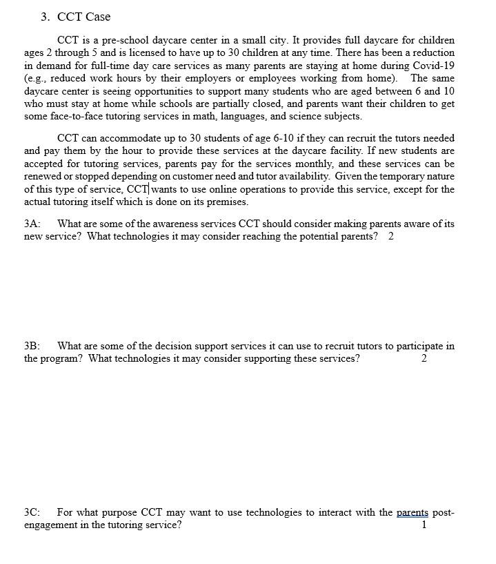 Solved 3. CCT Case CCT is a pre-school daycare center in a | Chegg.com
