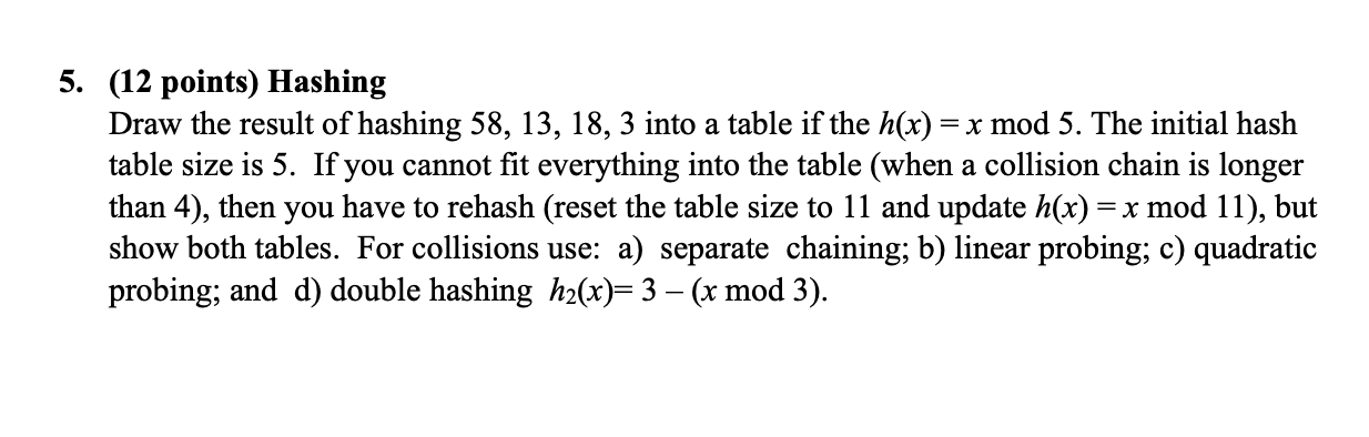 Solved 5. (12 points) Hashing Draw the result of hashing 58, | Chegg.com