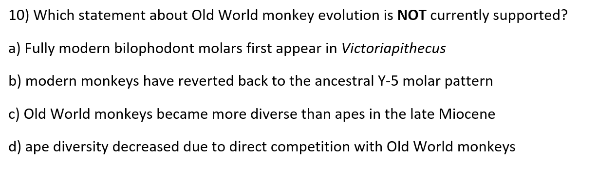 Solved 10) Which statement about Old World monkey evolution | Chegg.com