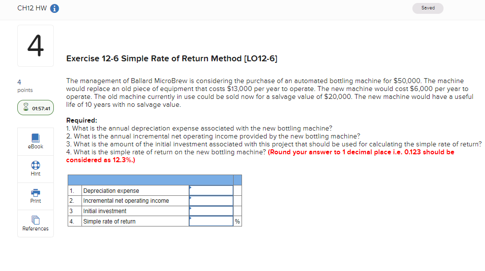 Solved Exercise 12-6 Simple Rate of Return Method [LO12-6] | Chegg.com