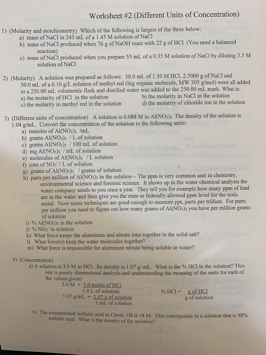 Solved Worksheet #2 (Different Units of Concentration) 1) | Chegg.com