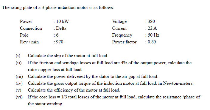 Solved The rating plate of a 3-phase induction motor is as | Chegg.com