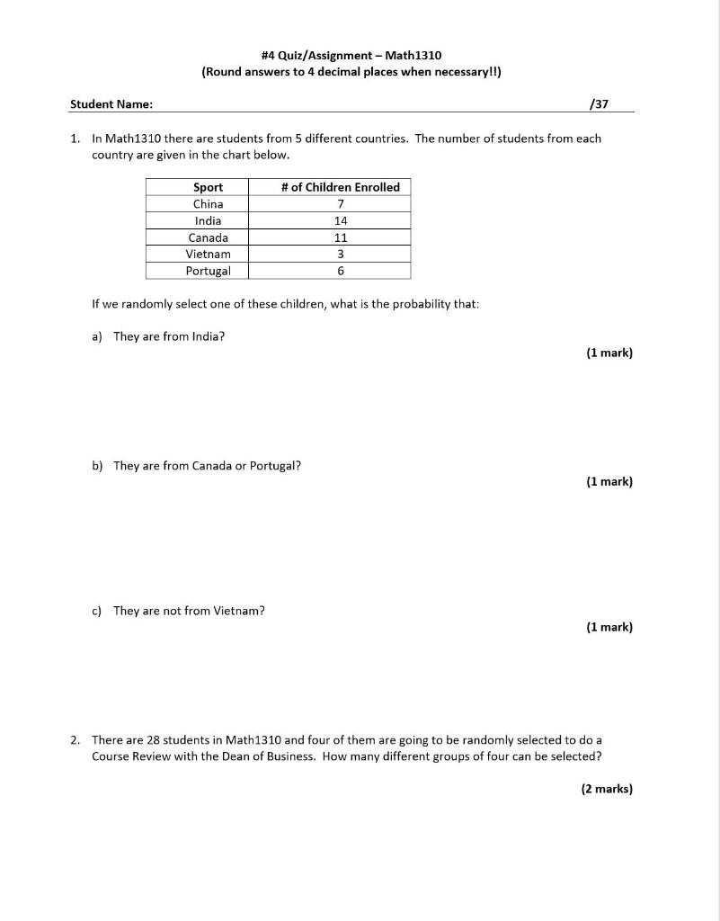 Solved #4 Quiz/Assignment - Math1310 (Round answers to 4 | Chegg.com