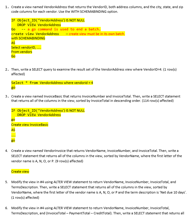 Solved 1. Create a view named VendorAddress that returns the | Chegg.com