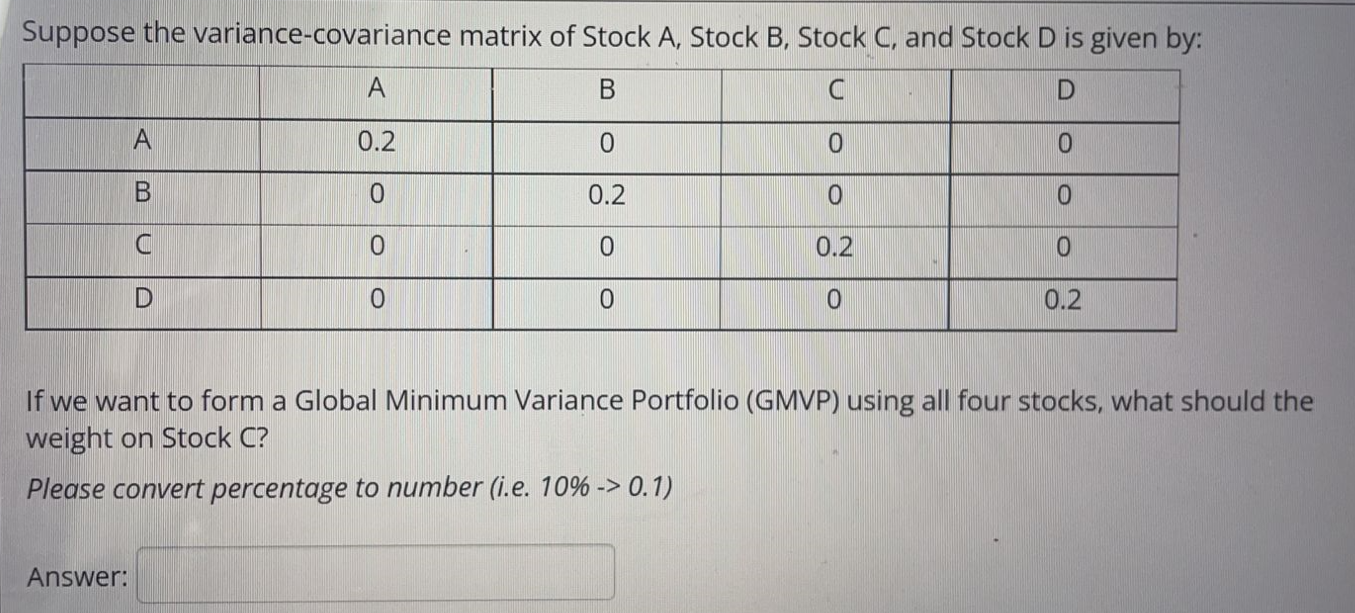 Solved Suppose the variance-covariance matrix of Stock A, | Chegg.com