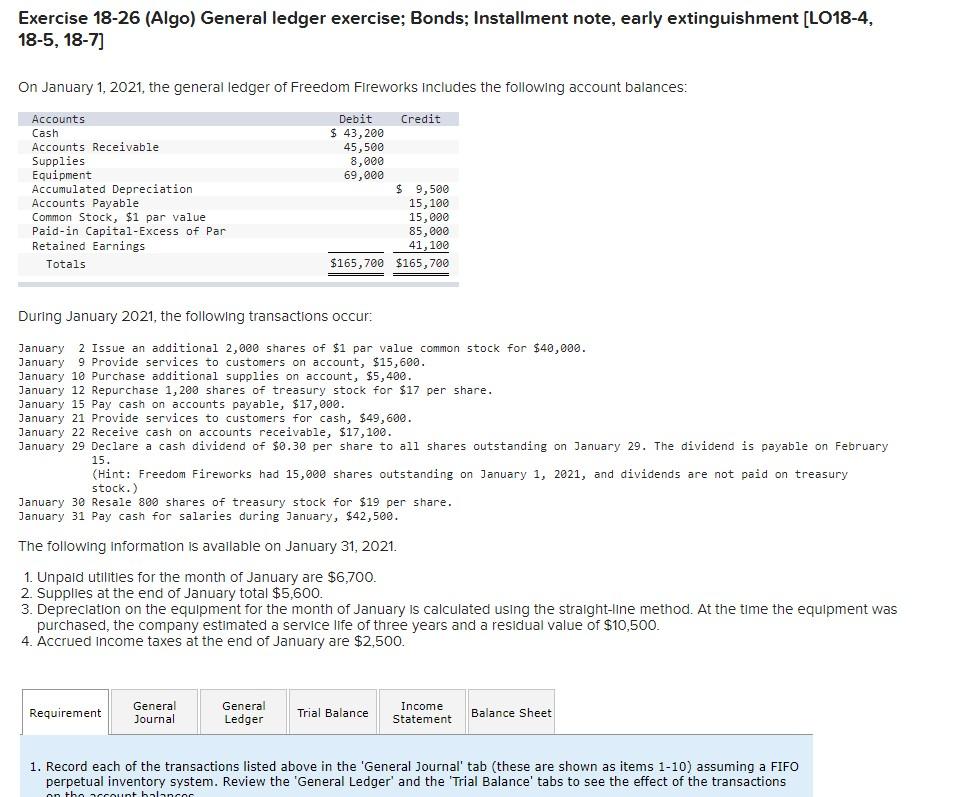 Solved Exercise 18-26 (Algo) General ledger exercise; Bonds; | Chegg.com