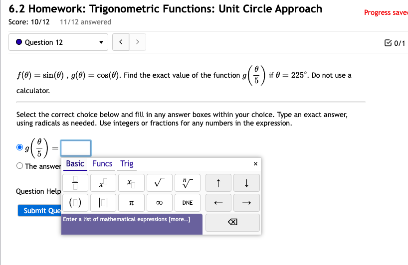 Solved 6.2 Homework: Trigonometric Functions: Unit Circle | Chegg.com