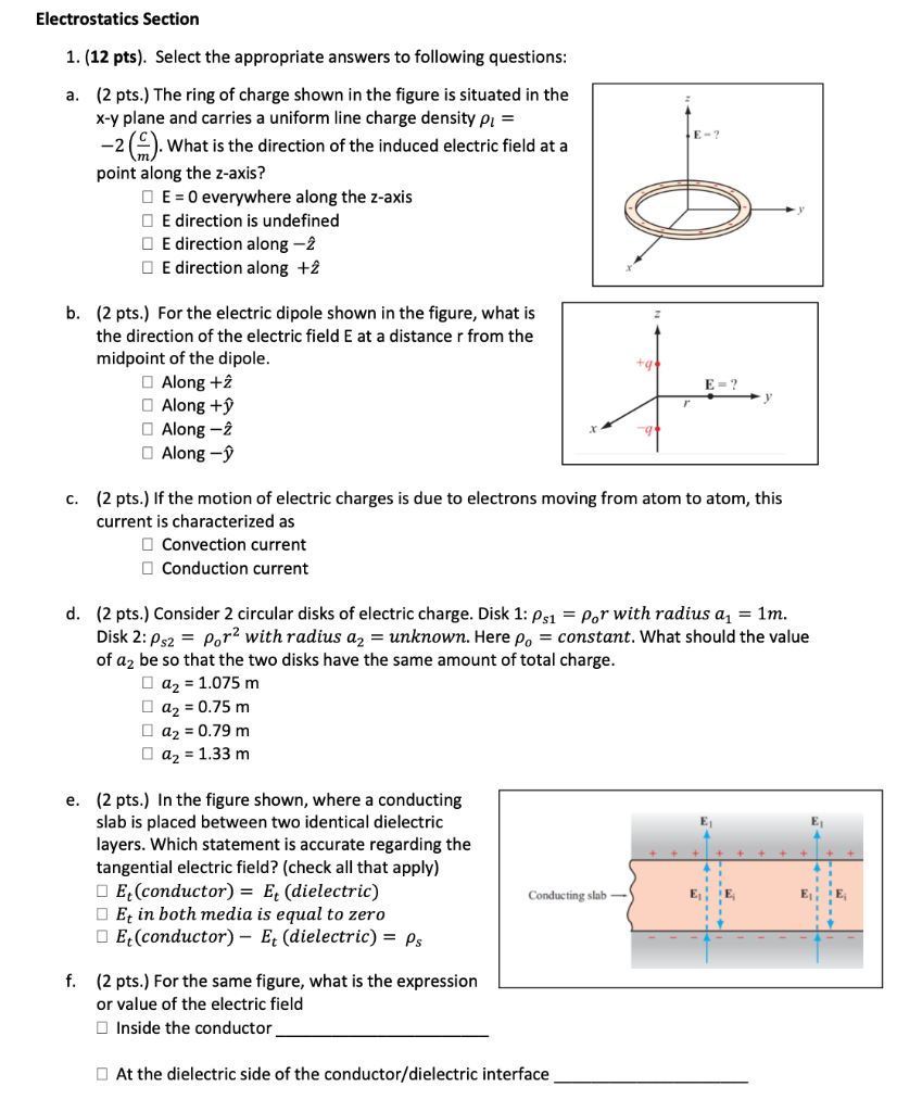 Solved Electrostatics Section 1. (12 pts). Select the | Chegg.com