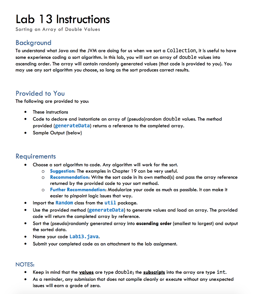 Solved Lab 13 Instructions Sorting an Array of Double Values | Chegg.com