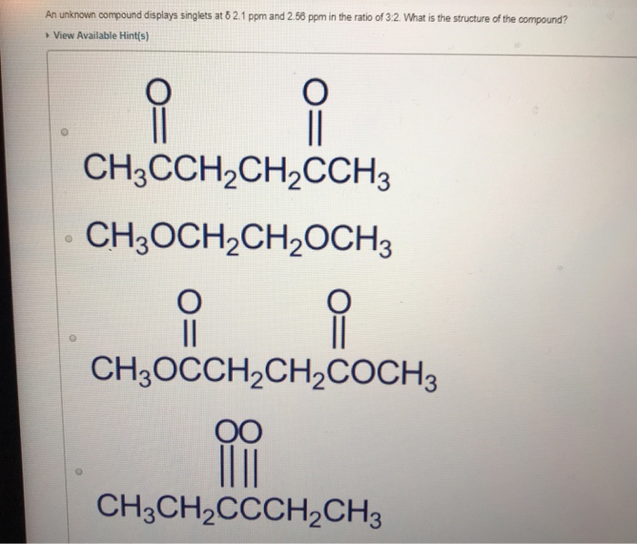 Solved An unknown compound displays singlets at δ 2.1 ppm | Chegg.com