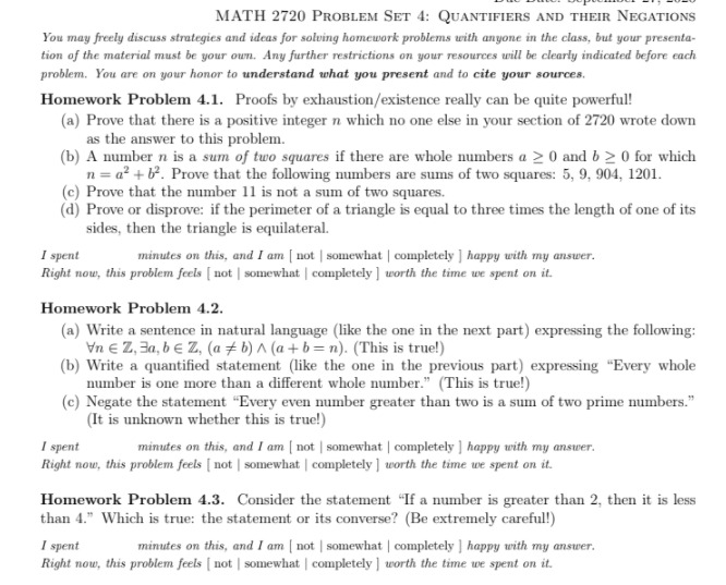 Solved MATH 2720 PROBLEM SET 4: QUANTIFIERS AND THEIR | Chegg.com