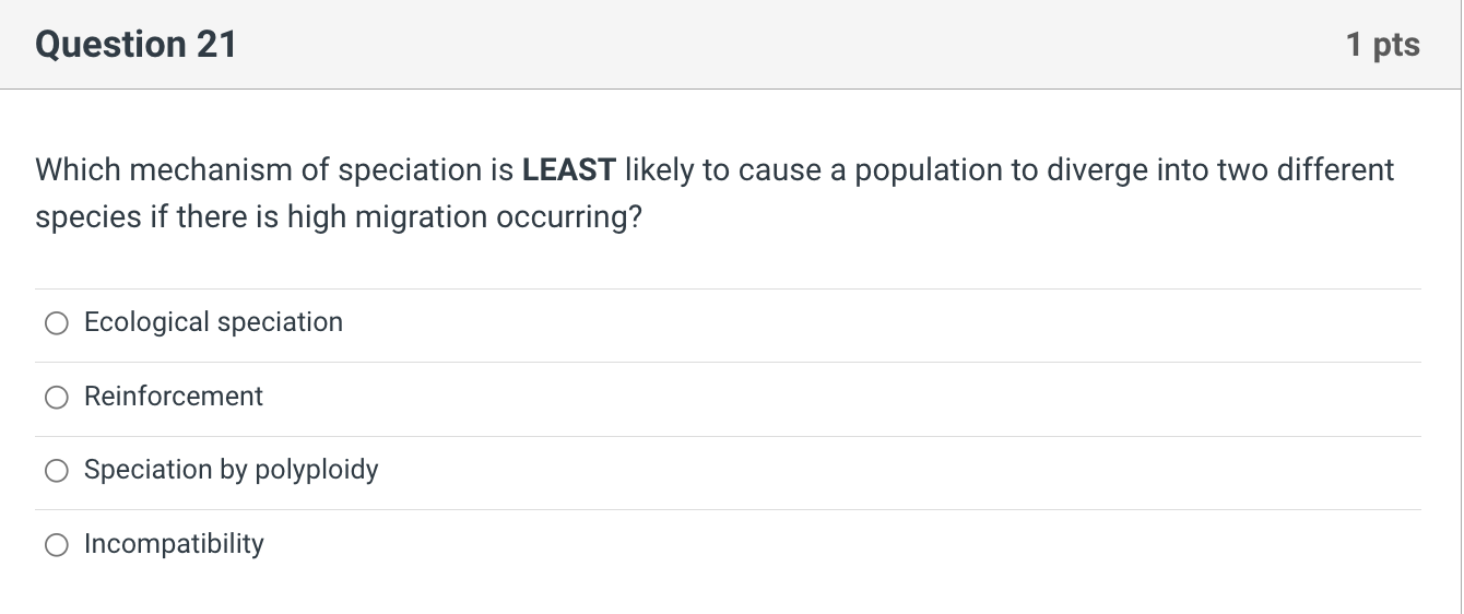 Solved Which mechanism of speciation is LEAST likely to | Chegg.com