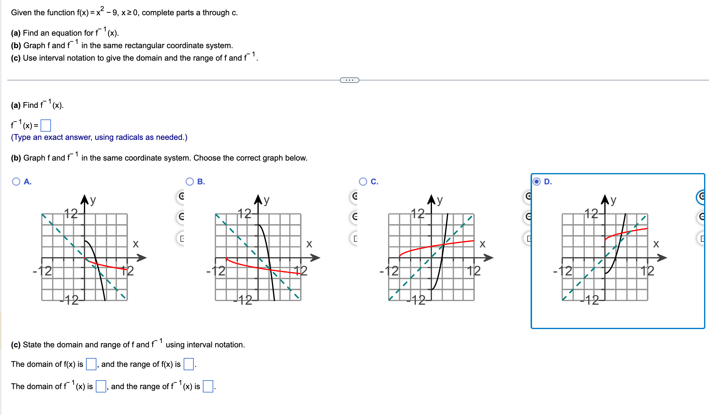 Solved Given the function f(x)=x2-9,x≥0, ﻿complete parts a | Chegg.com