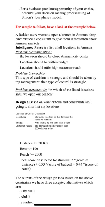 Solved For a business problem/opportunity of your choice, | Chegg.com