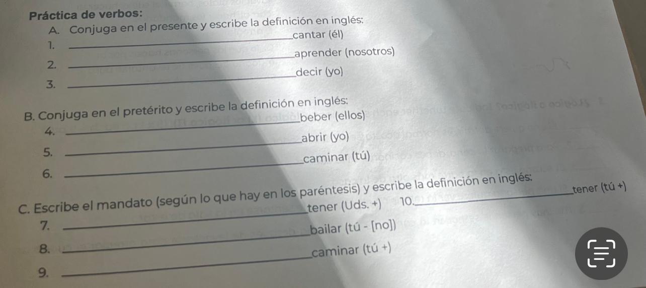 Práctica de verbos: A. Conjuga en el presente y | Chegg.com
