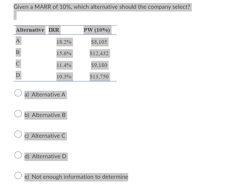 Solved Given a MARR of 10%, which alternative should the | Chegg.com