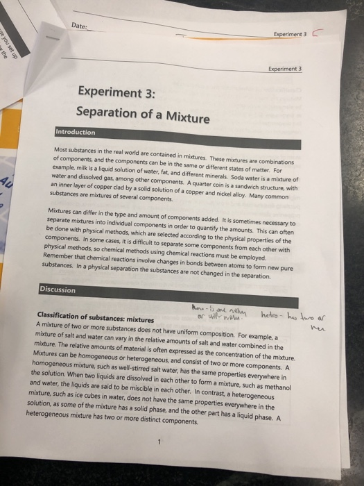 Date: Experiment 3 Experiment 3 Separation of a | Chegg.com