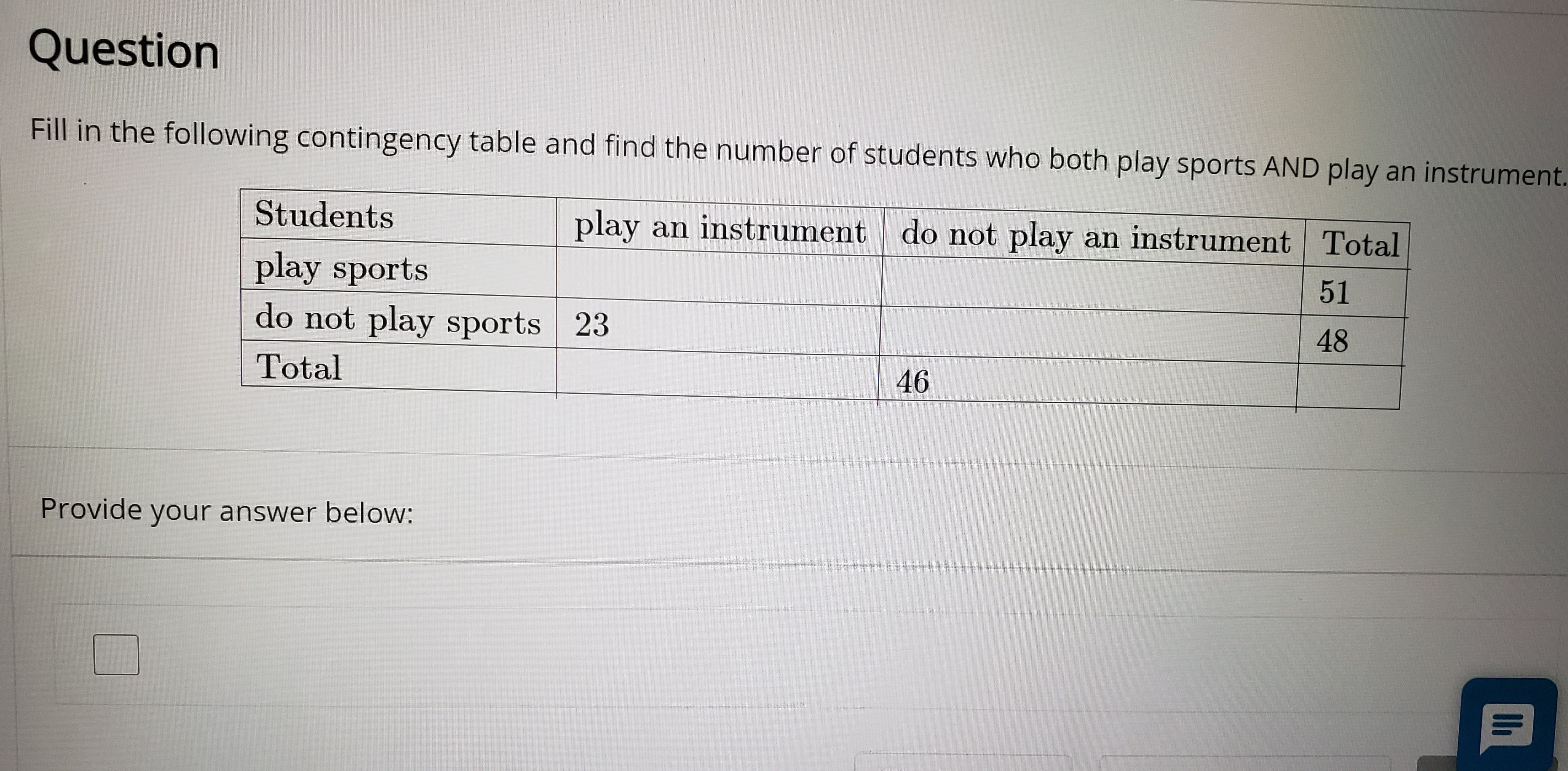 Solved Fill in the following contingency table and find the | Chegg.com