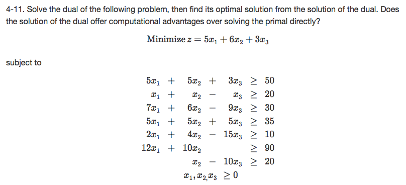 Solved 4-11. Solve the dual of the following problem, then | Chegg.com
