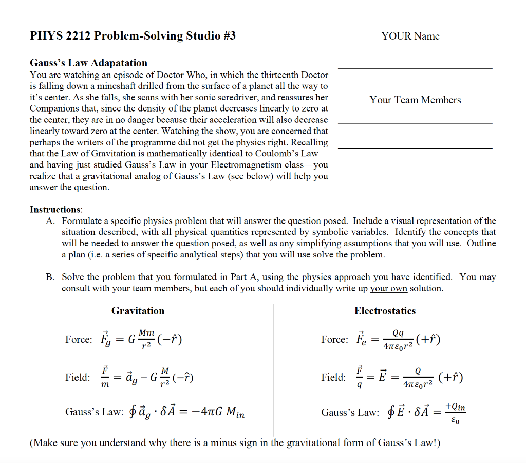 Solved PHYS 2212 Problem-Solving Studio #3 YOUR Name Your | Chegg.com