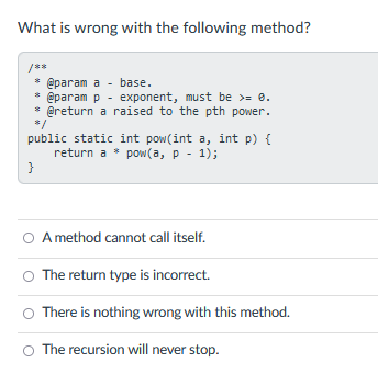 Solved What is wrong with the following method? /** * @param | Chegg.com