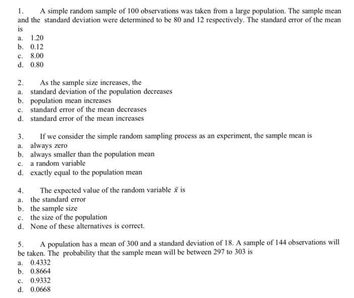 Solved 1 A Simple Random Sample Of 100 Observations Was
