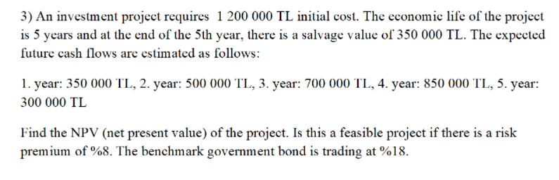 Solved 3) An investment project requires 1 200 000 TL | Chegg.com