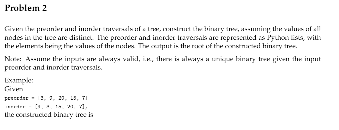 Solved Problem 2 Given the preorder and inorder traversals | Chegg.com