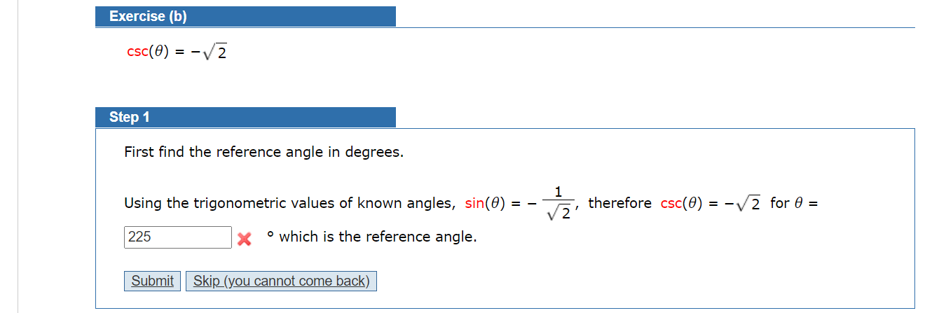 Solved Exercise (b) csc(O) = -2 Step 1 First find the | Chegg.com