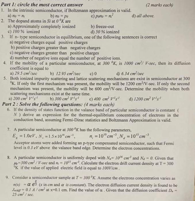 Solved Part 1: circle the most correct answer (2 marks each) | Chegg.com